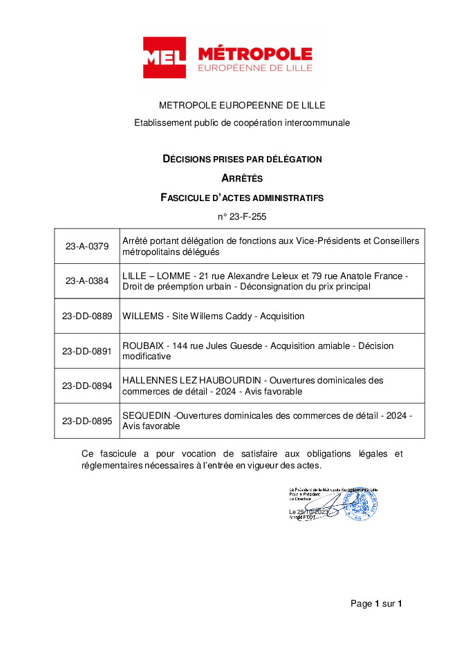 Fascicule N 255 du 25 octobre 2023 (.pdf ) | Métropole européenne de Lille